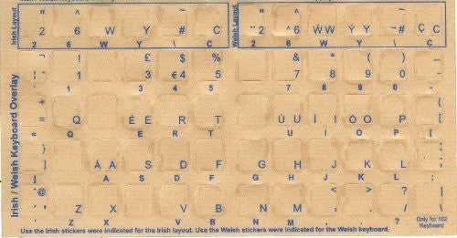 Irish - Welsh Keyboard Stickers Labels - Overlays with Blue Characters