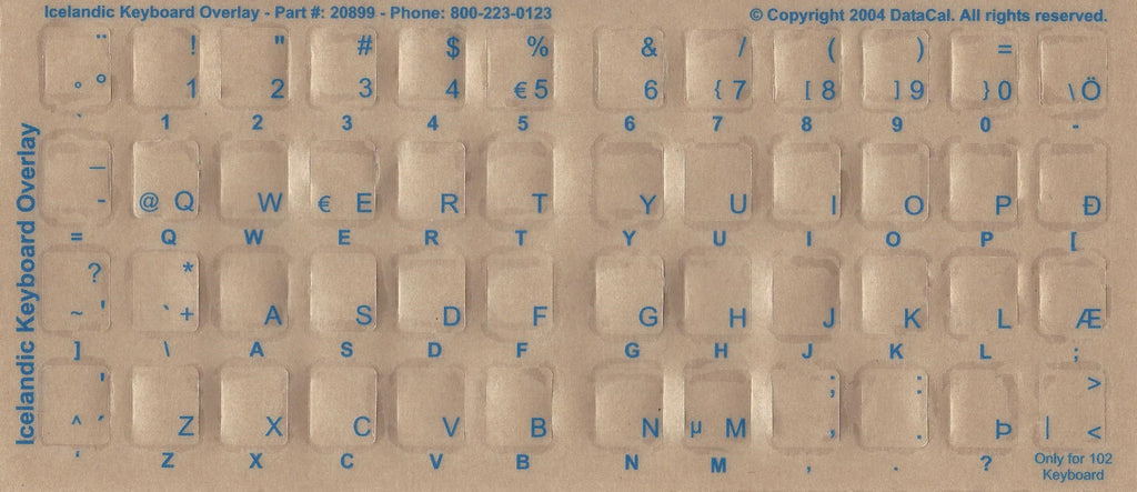 Icelandic Keyboard Stickers - Labels - Overlays with Blue Characters f